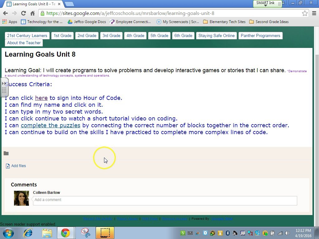 Signing into Hour of Code first grade