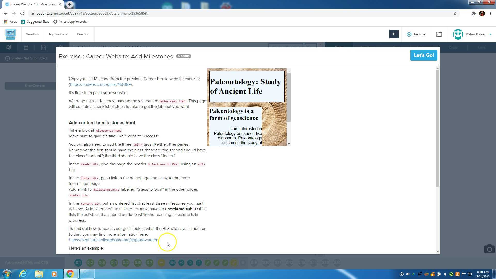 Web Design: CodeHS: 5.8.8 Career Website adding Milestone html with ...