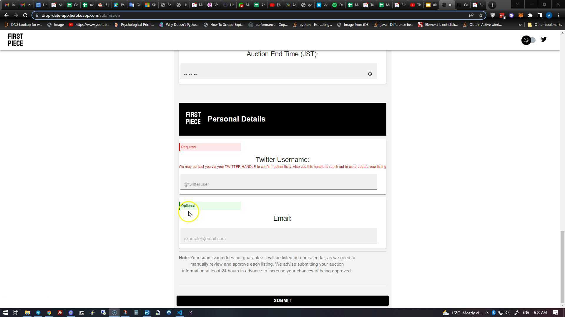 Submission confirmation popup with twitter sharing button