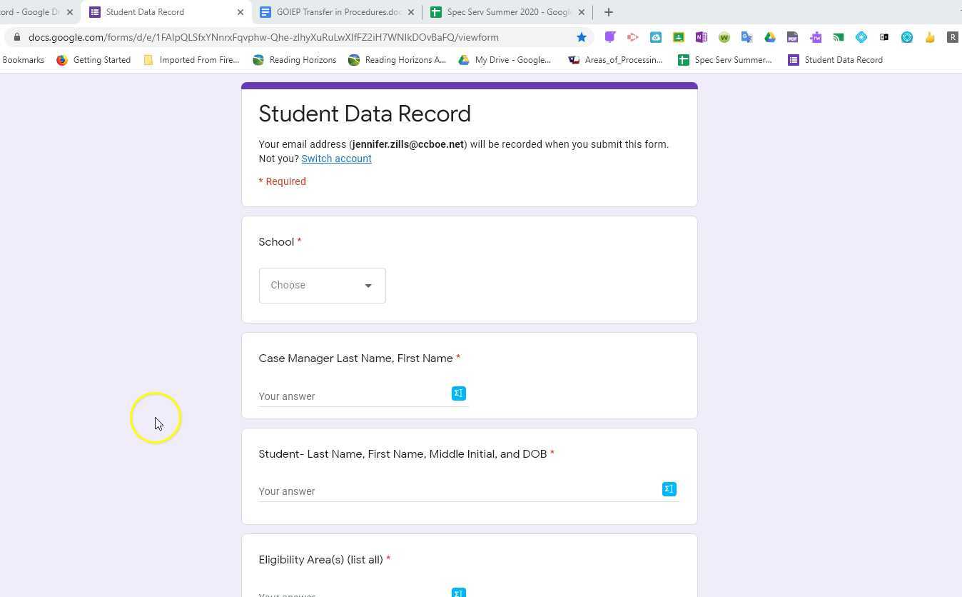 Student Data Record 20/21