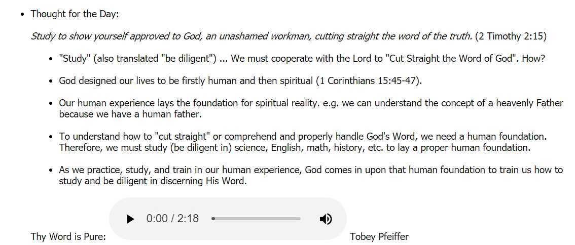 Pre-Class Devotion & Song (Study 2 Timothy 2:15; Thy Word is Pure)