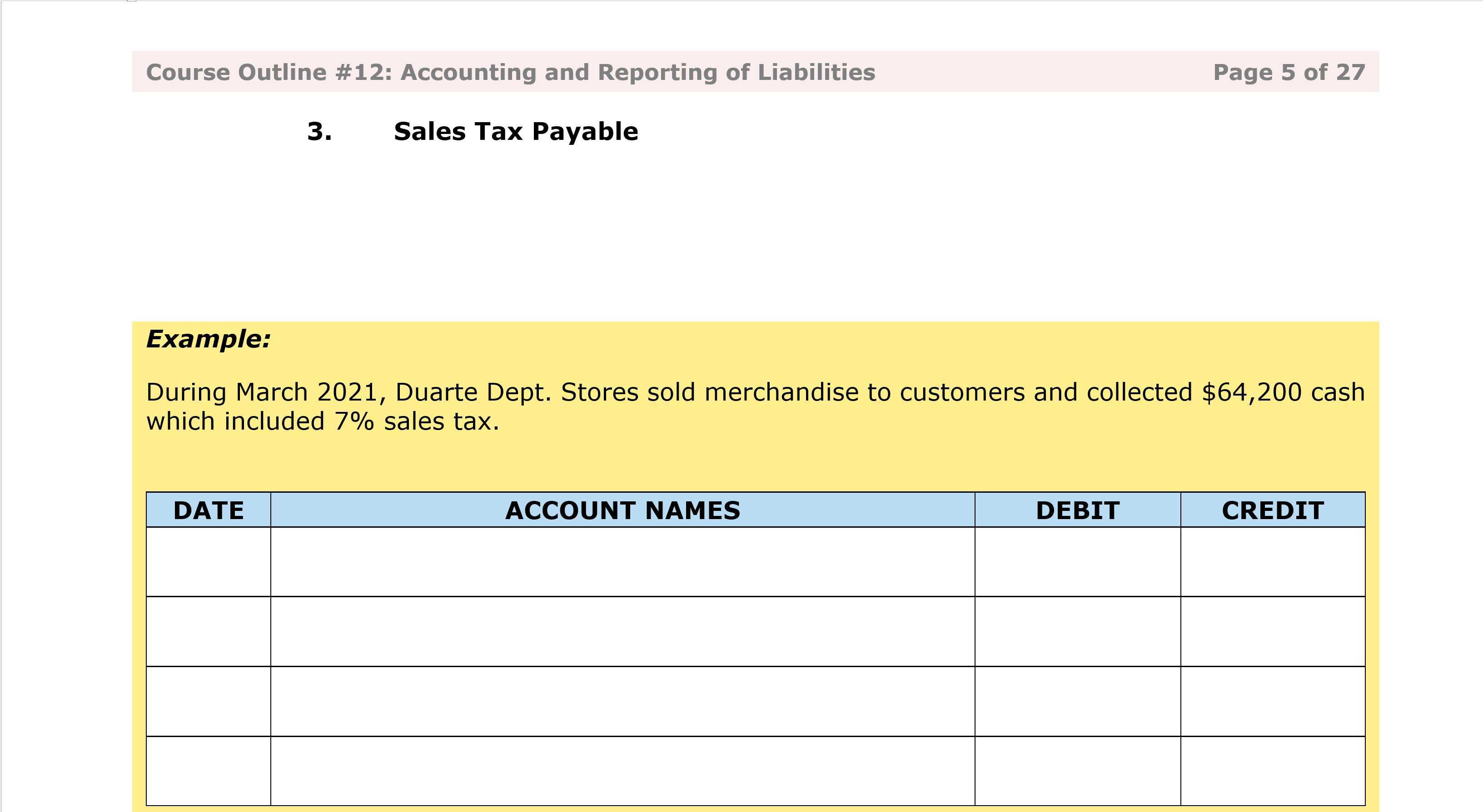 Sales Tax Liabilities Sales Tax Liabilities