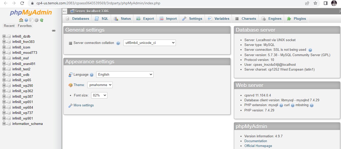 Snip - cp4-us.temok.com localhost phpMyAdmin 4.9.7 - Google Chrome