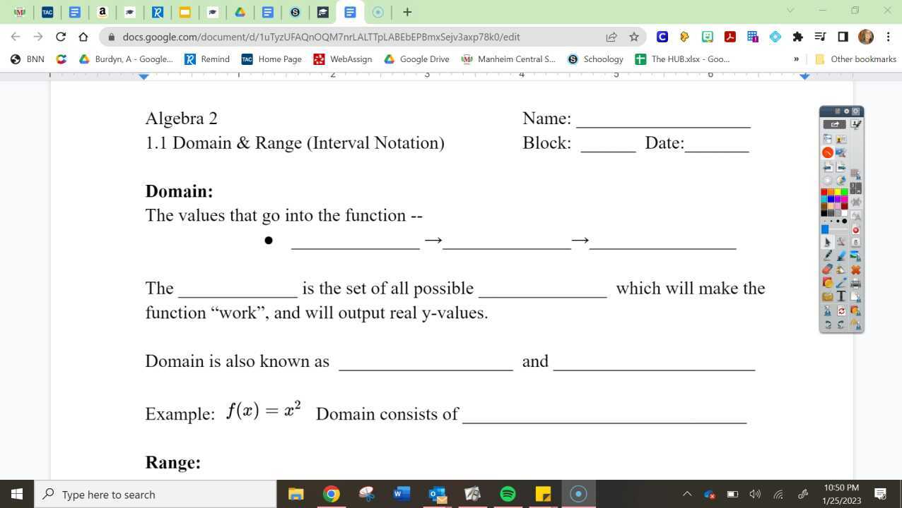 Alg 2 1.1 Domain & Range (Part 1)