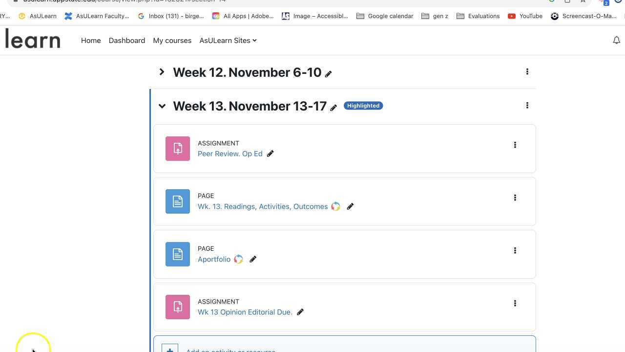 Week 13 Work. Peer Review, Op-Ed, Aportfolio