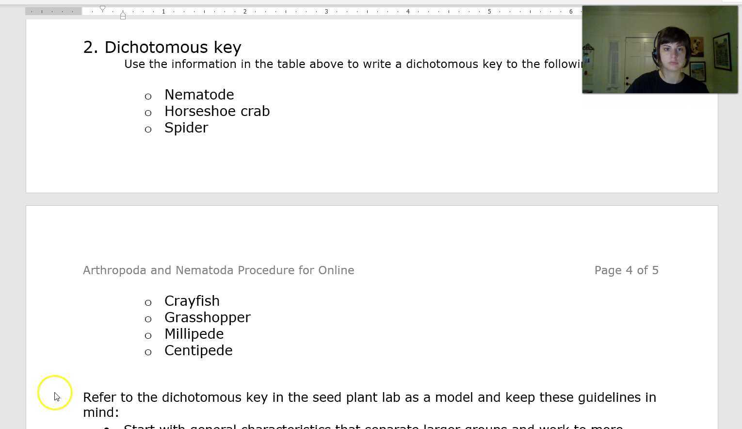 BIOL 144 - Arthropoda & Nematoda Dichotomous Key