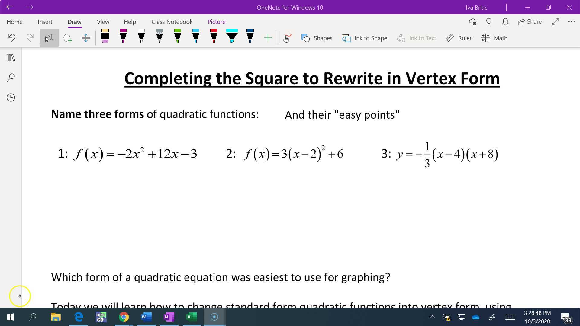 Completing Square to Write in Vertex Form