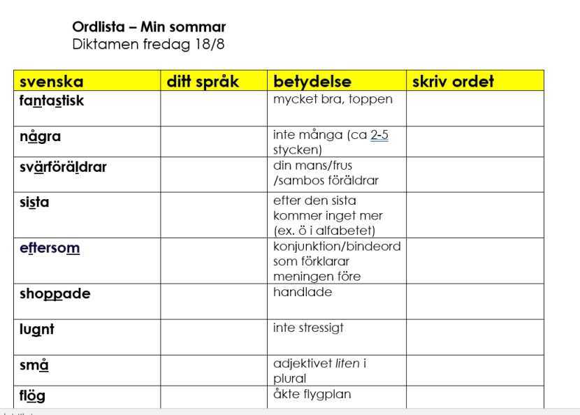 Ordlista - Min sommar