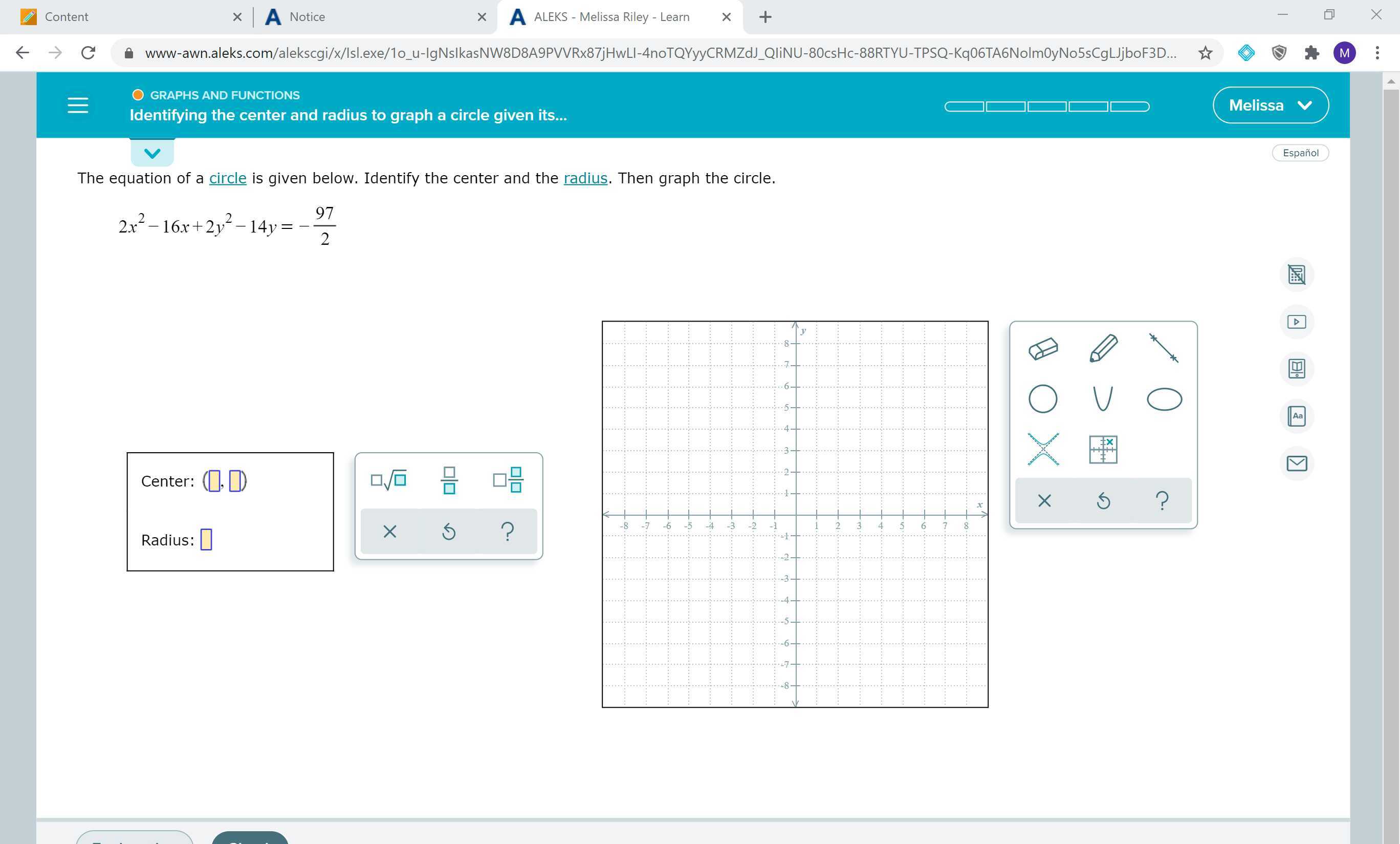 Identifying the center and radius to graph a circle given its equation ...
