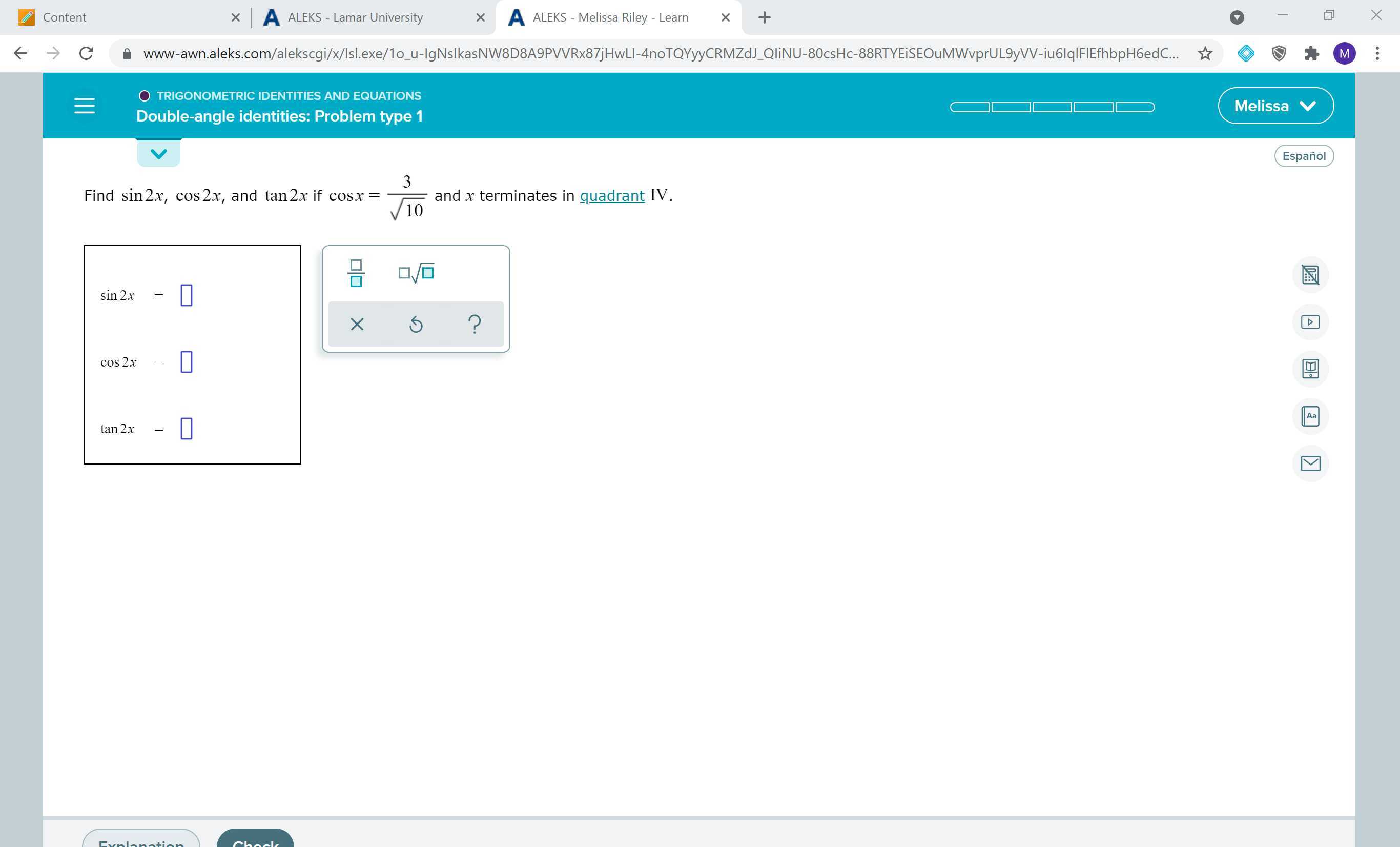 5.3 Double Angle Identities Problem type 1 MATH2312Sum2_21