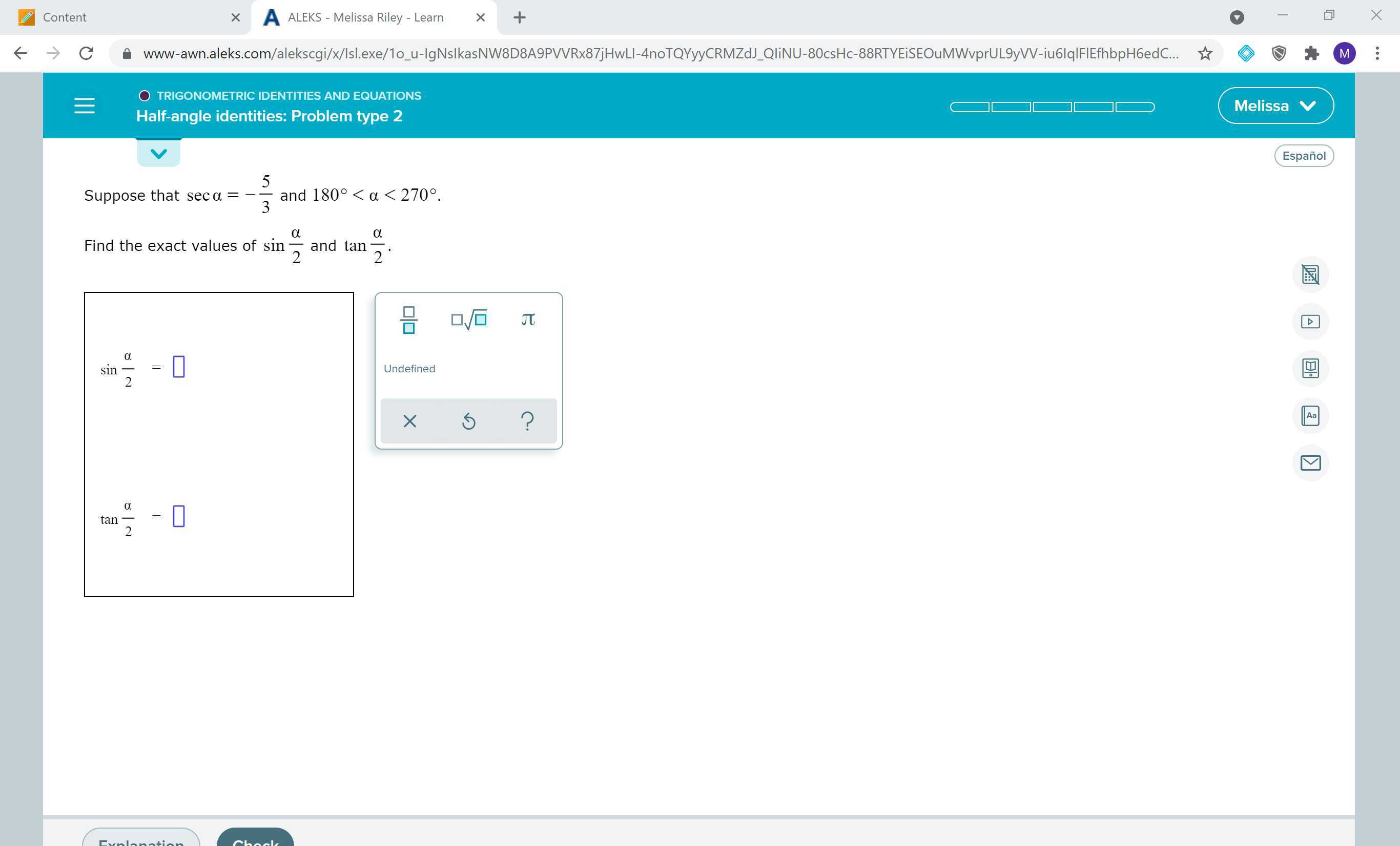 5.3 Half-angle identities Problem type 2 MATH2312Sum2_21