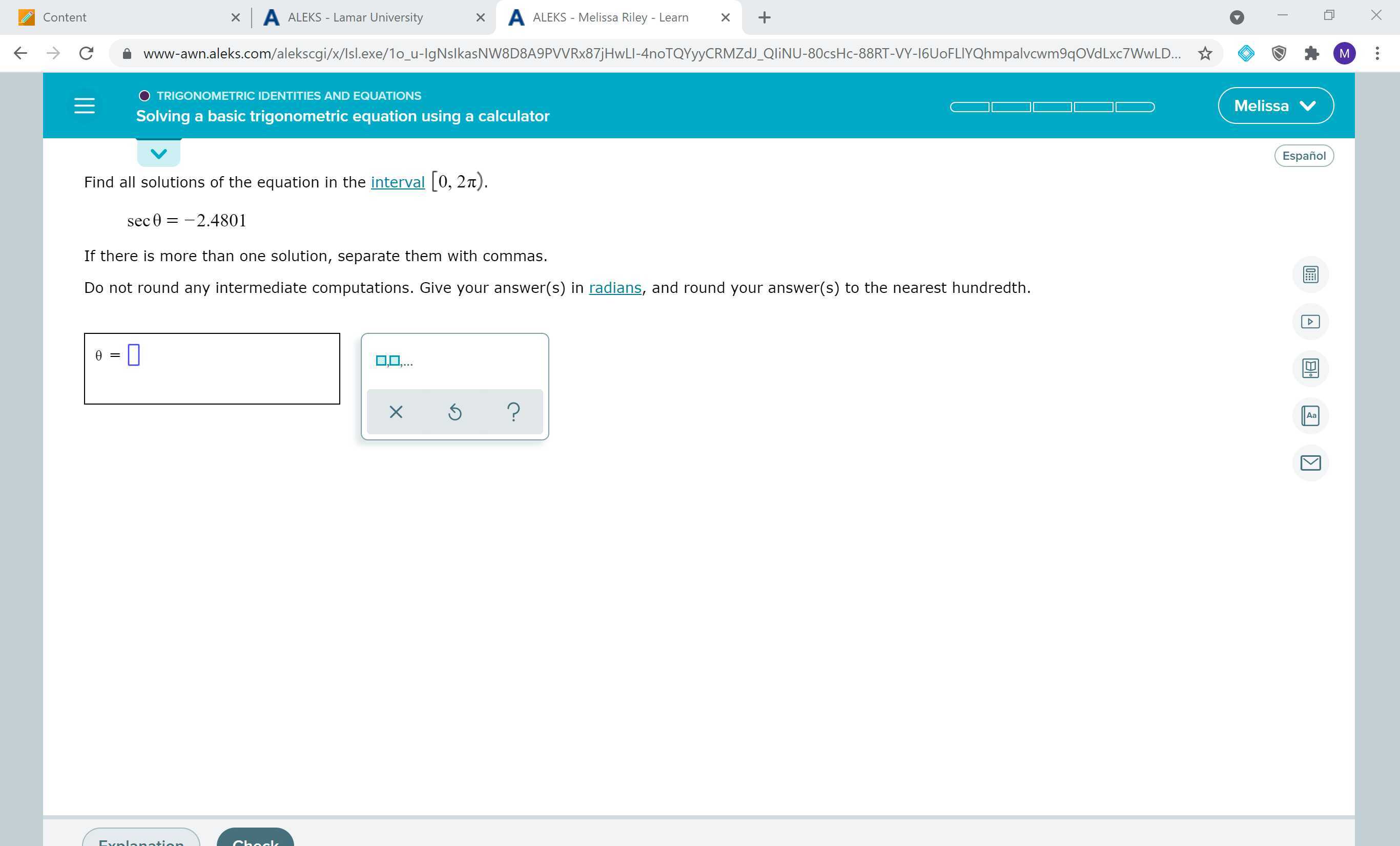 5.5 Solving a basic trig equation using a calculator MATH2312Sum2_21