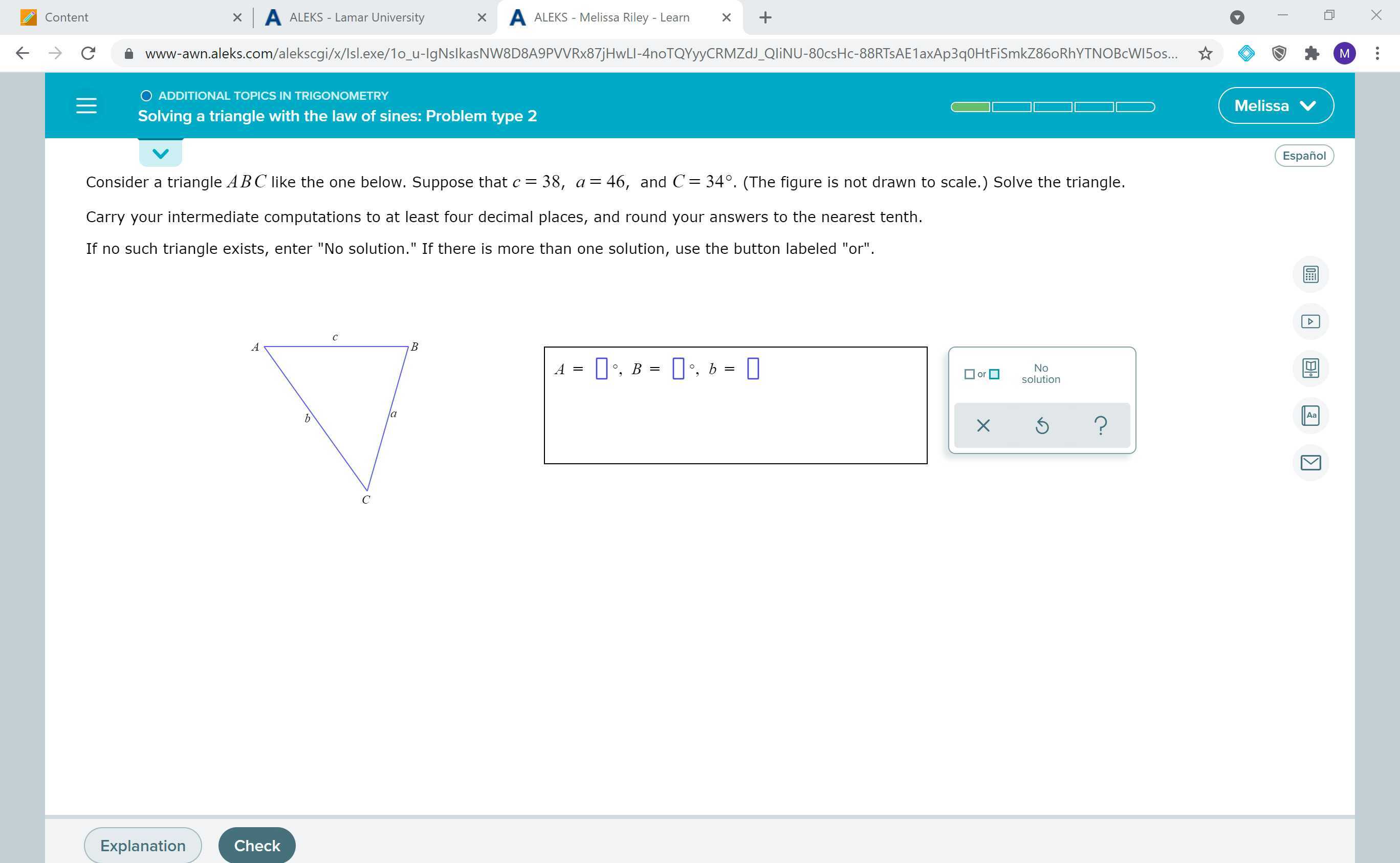 6.2 More ALEKS examples solving SSA - the Ambiguous case using Law of Sines: problem type 2 ...