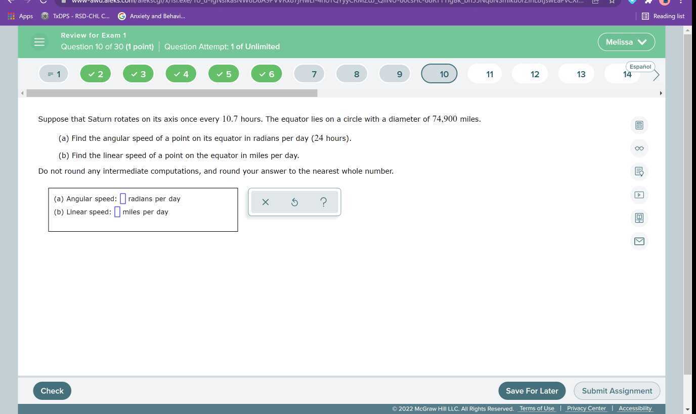 MWF MATH 2312 Saturn Ang and Lin Speed Problem ALEKS