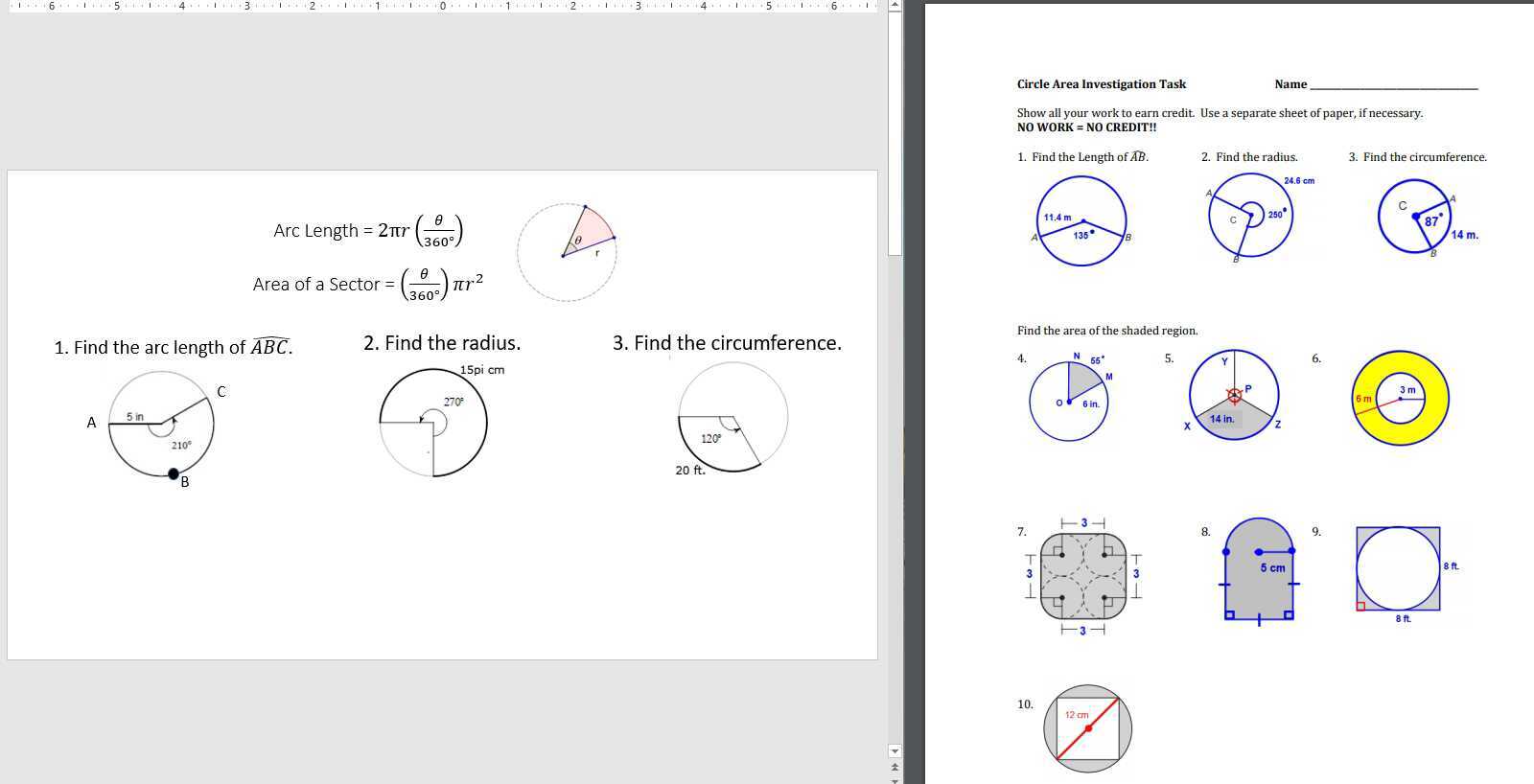 Circle Area Investigation Task