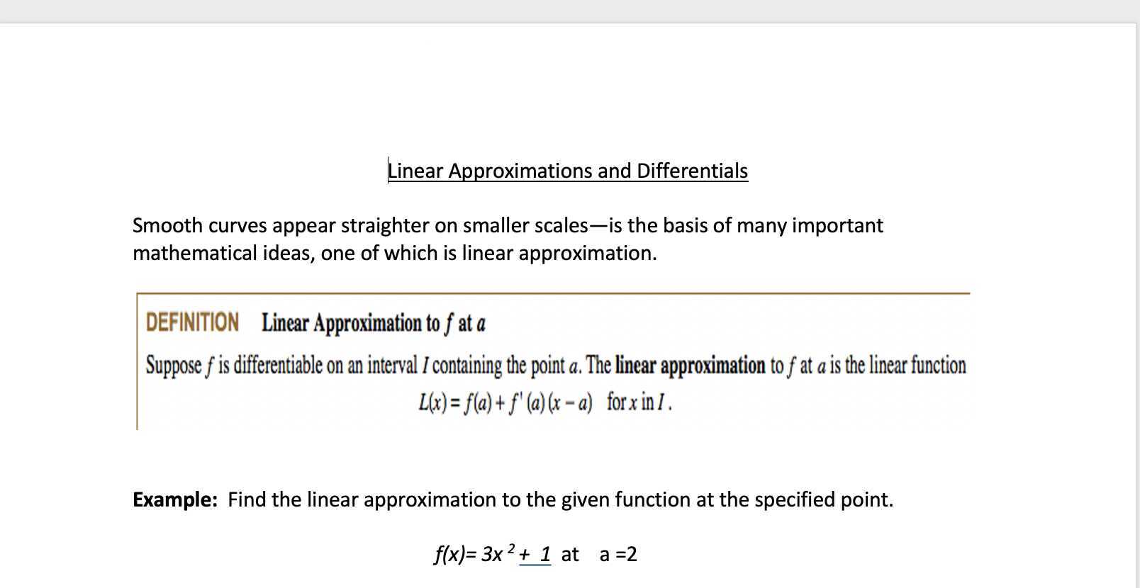 Calculus I: Linear Approximations & Differentials