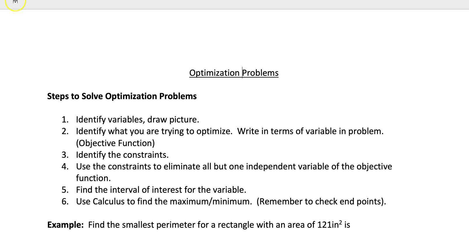 Calculus I: Optimization Problems