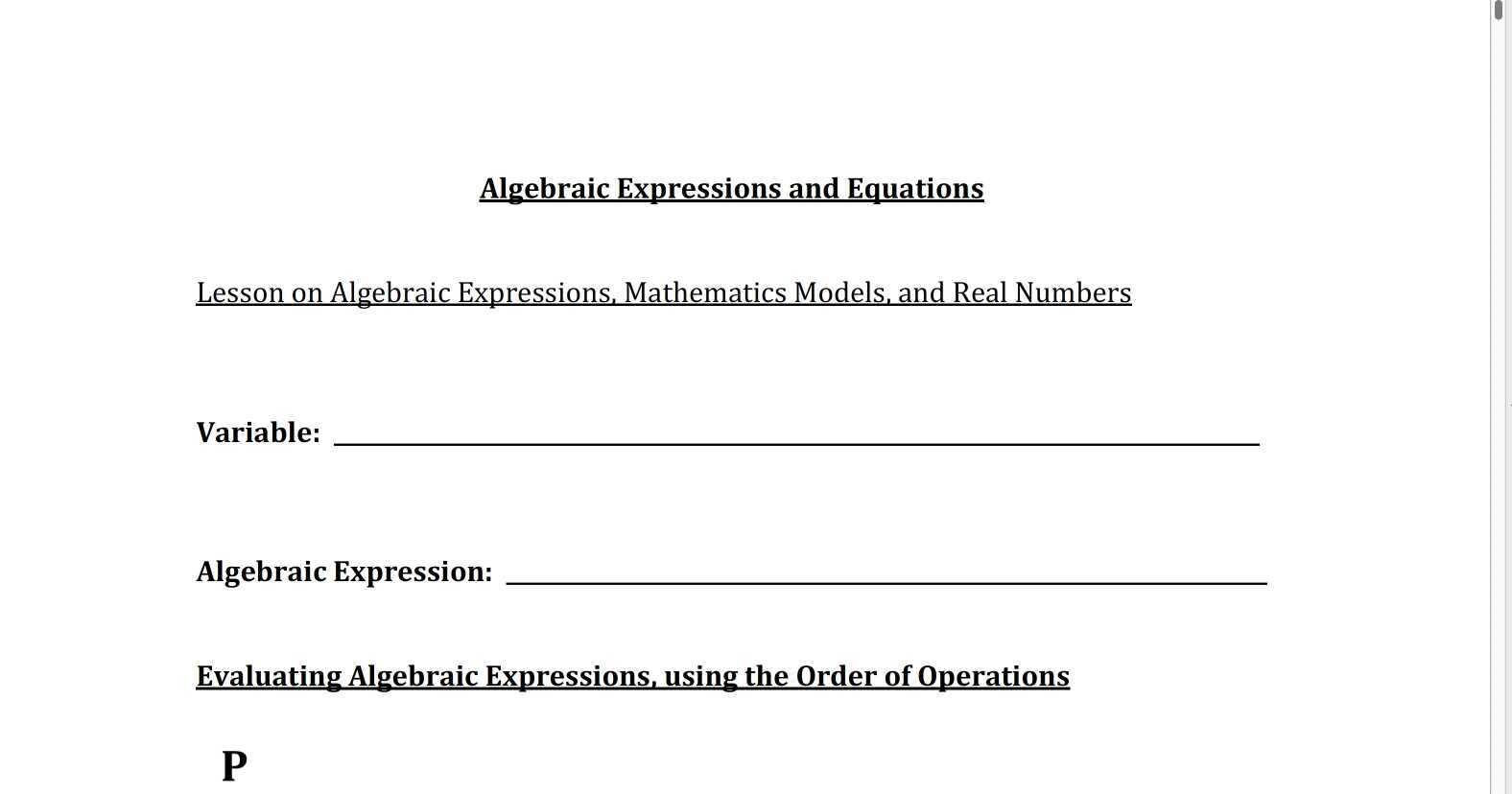 Introduction to Algebraic Expressions, Mathematical Models, and Real ...