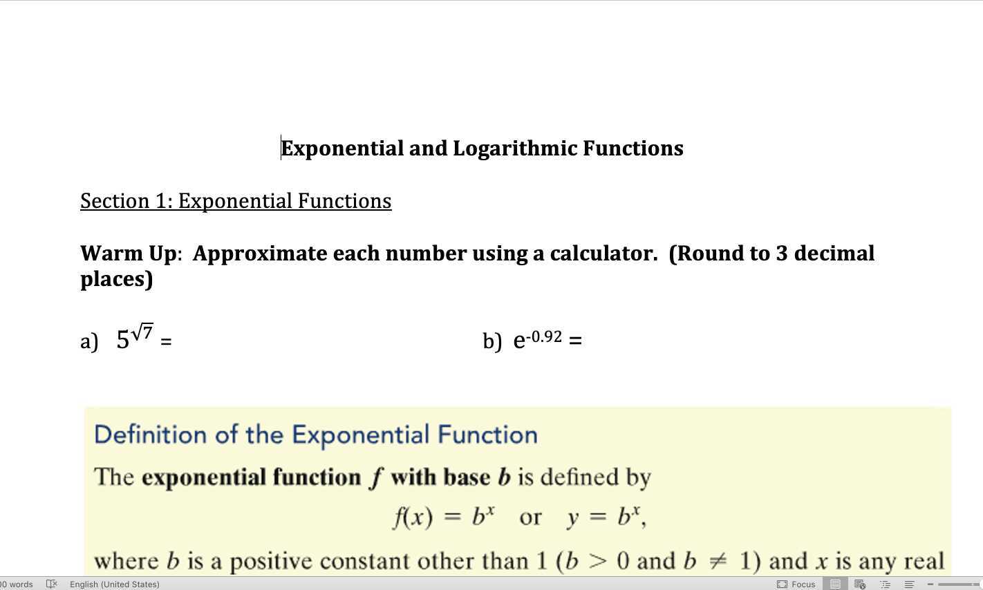 Introduction to Exponential and Logarithmic Functions