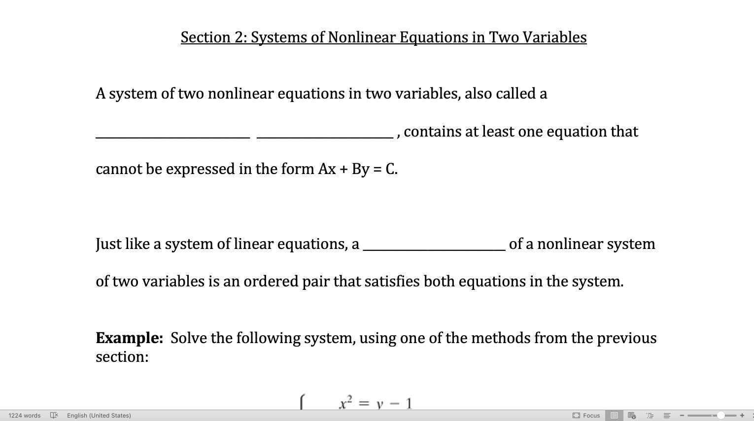 Systems of Nonlinear Equations in Two Variables