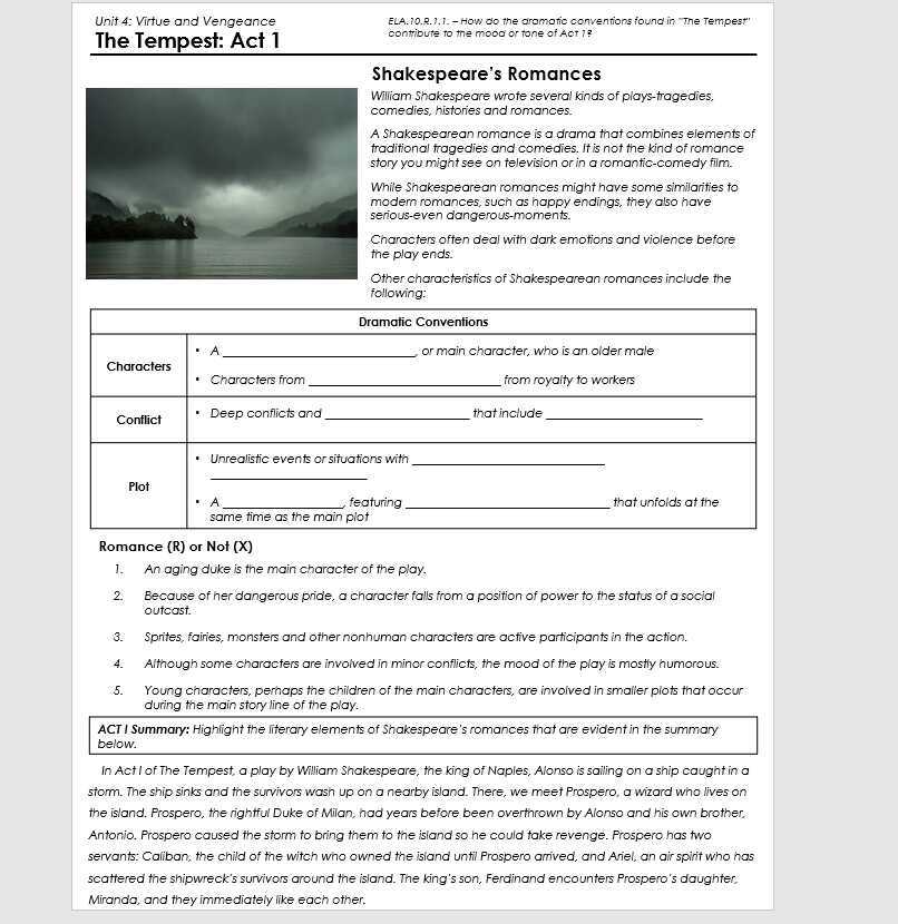 completing characters on worksheet Tempest