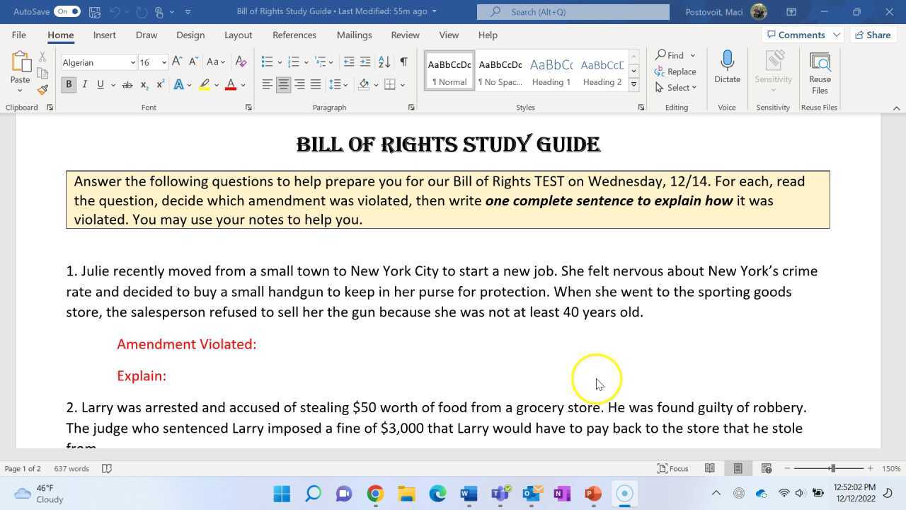 Bill of Rights Study Guide