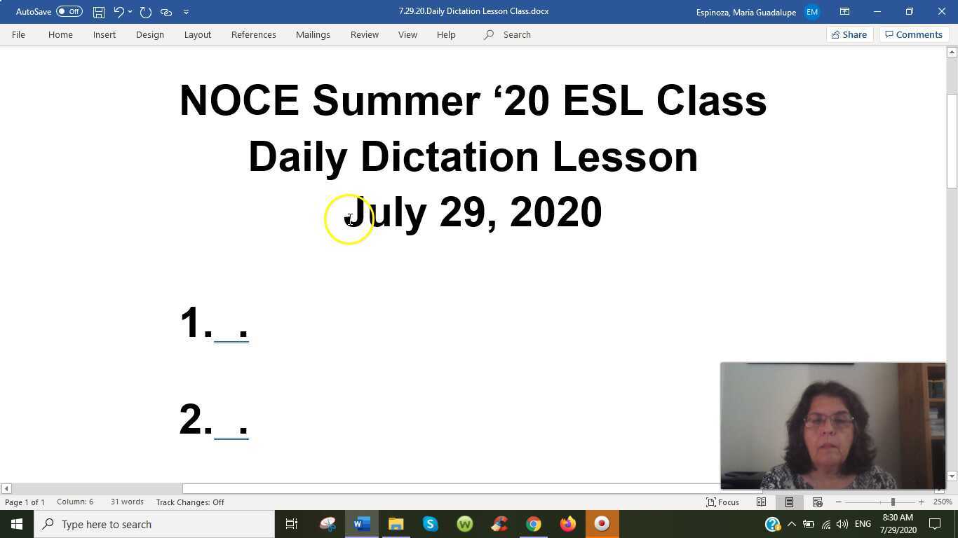 7.29.20 Daily Dictation Lesson