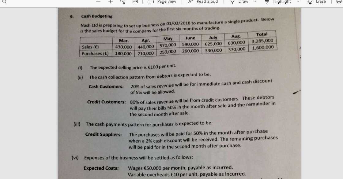 Nash Ltd Pre 18 Cash Budget TYpe 2