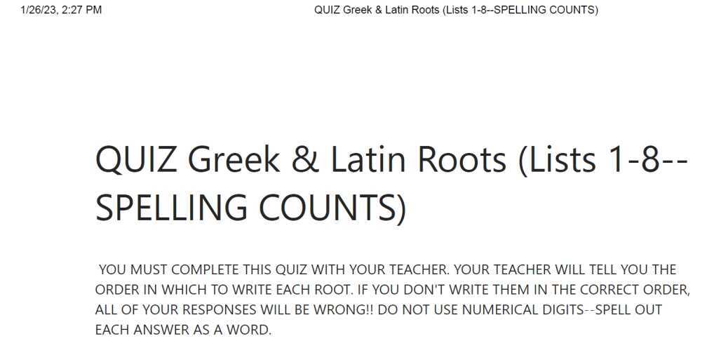 Greek & Latin Roots Quiz--Lists 1-8