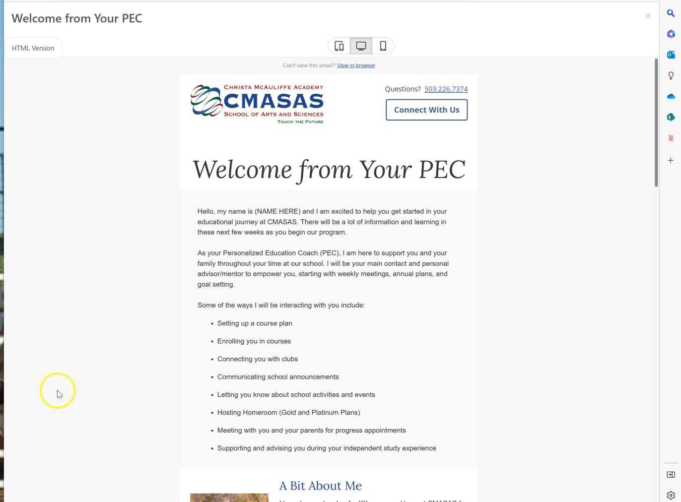 Welcome email from PEC