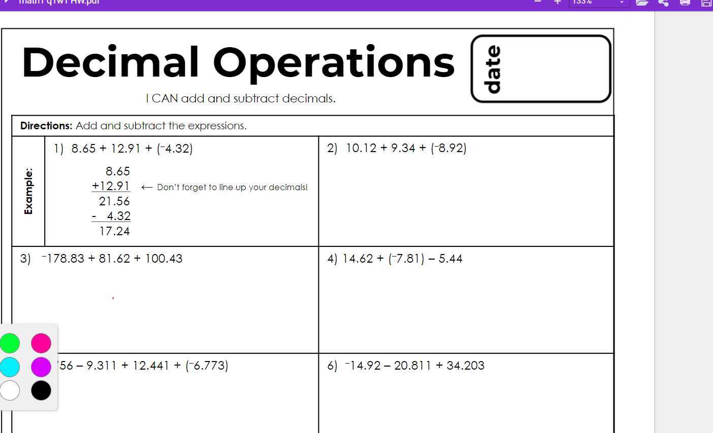 Q1W1 D1 Math1: Decimal Operations