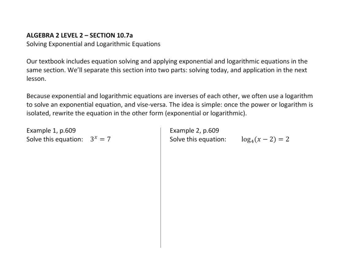 Algebra 2 Level 2 Lesson 10.7a