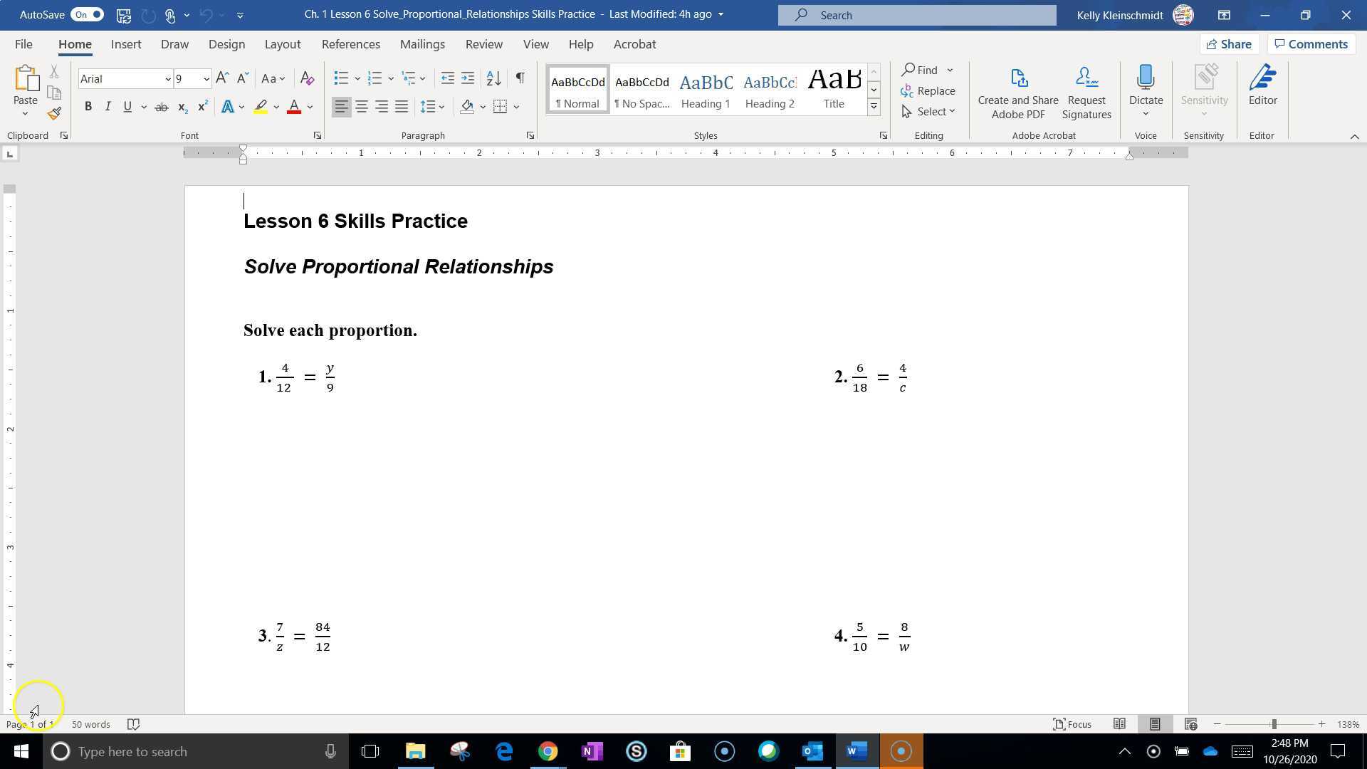 Ch. 1 Lesson 6 Solve Proportional Relationships Skills Practice