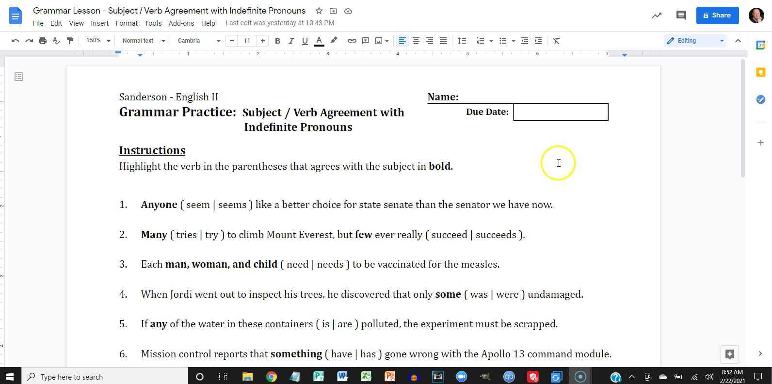 Instructions - Grammar Lesson - Subject-Verb Agreement with Indefinite ...