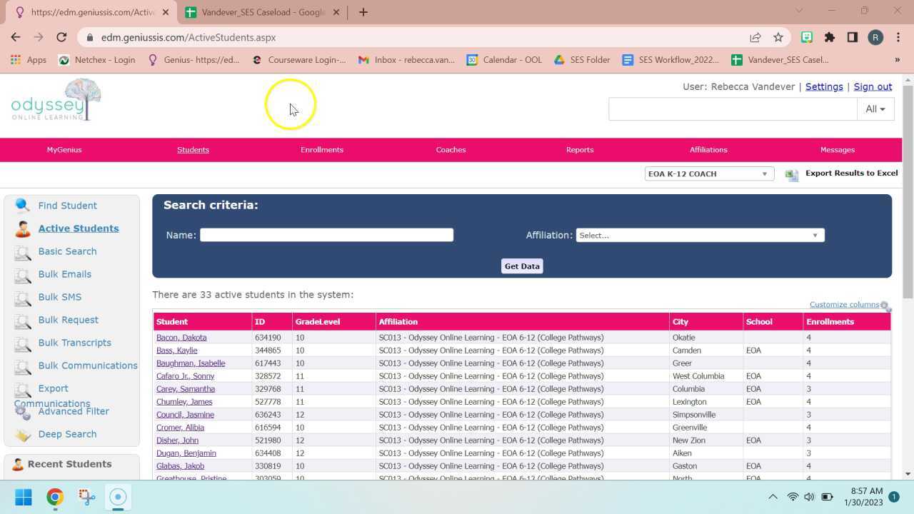 Organizing EOC Students in Caseload Spreadsheet