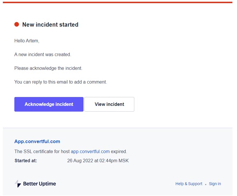 Snip - app.convertful.com SSL certificate expiration - 26 Aug 2022 at 02 44pm MSK - artem ...