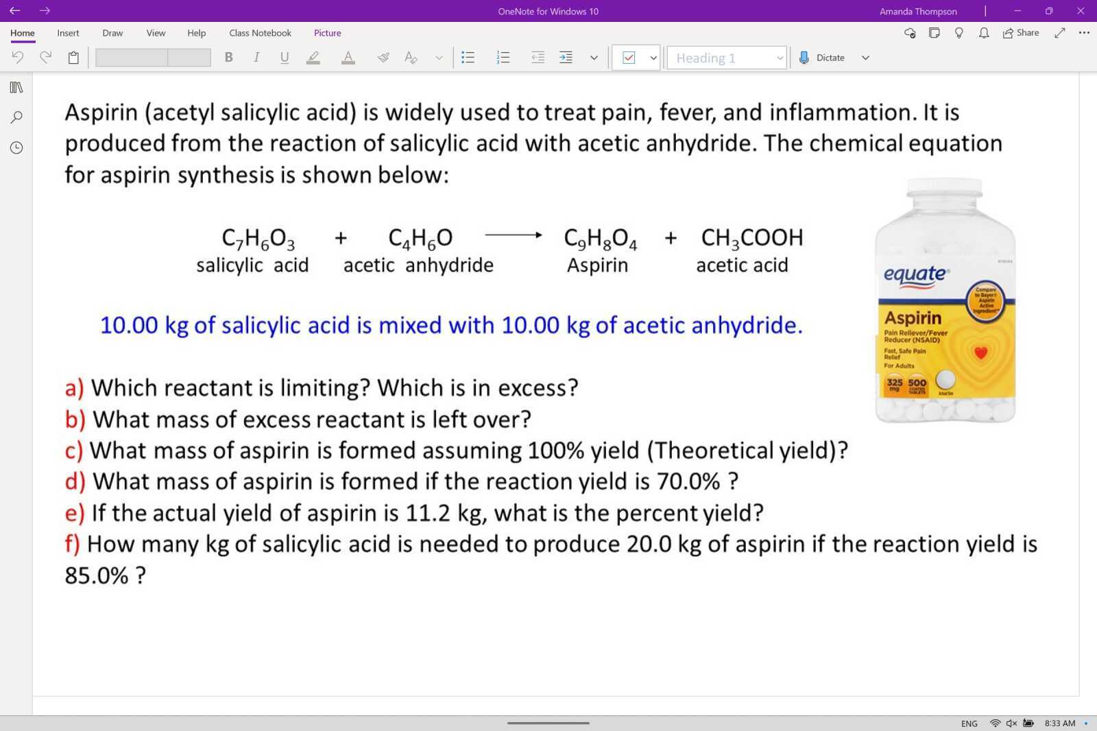 Stoichiometry, Limiting reactants, % yield