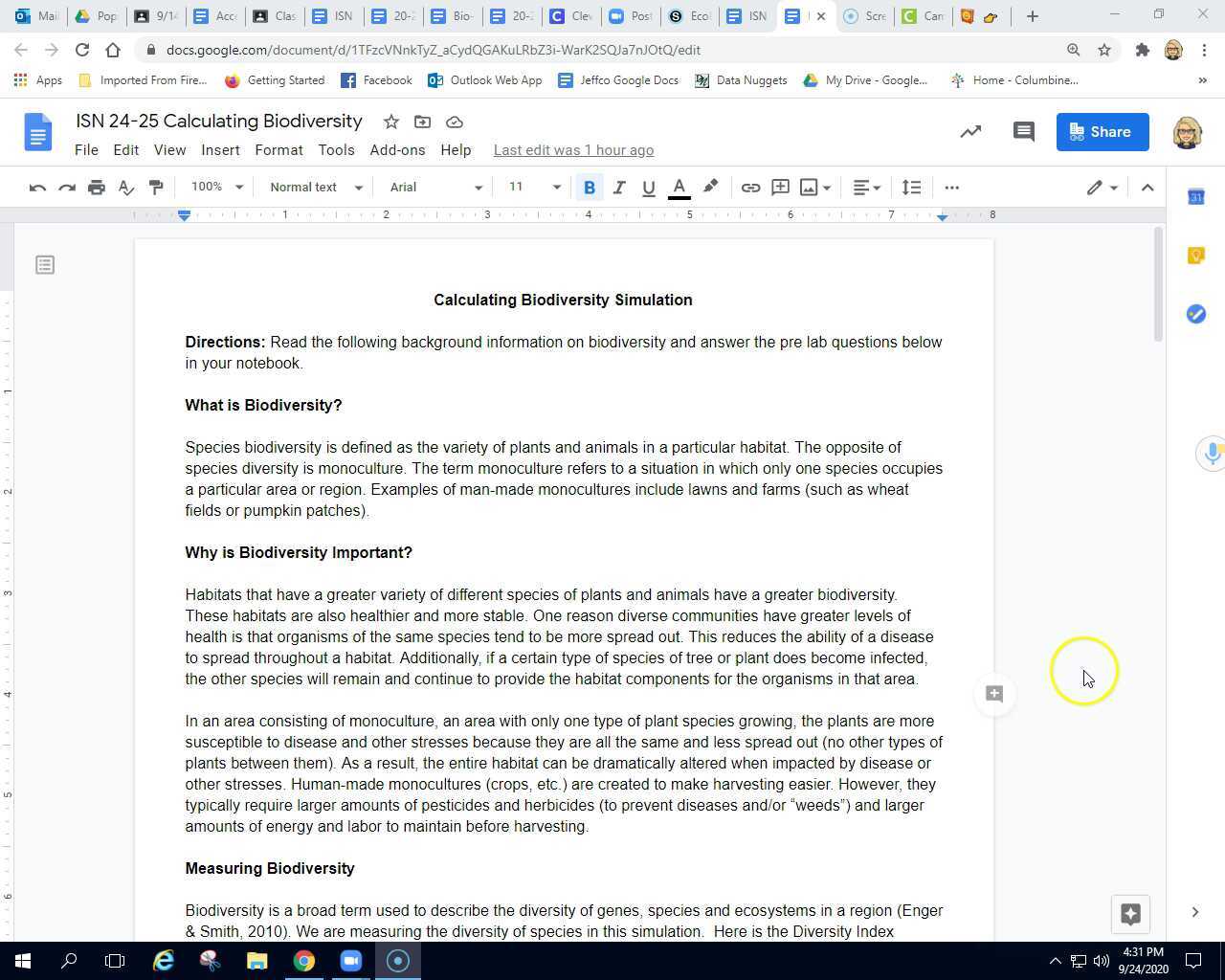 Calculating Biodiversity Simulation