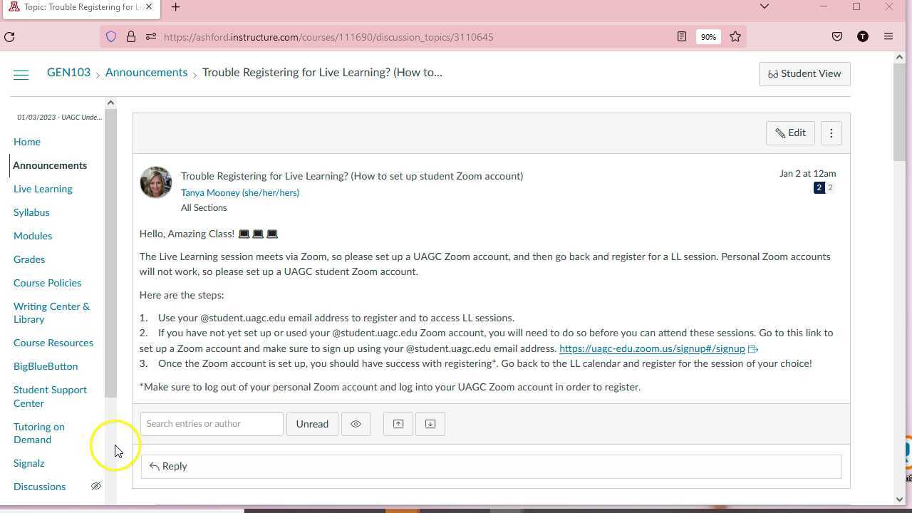 Where to locate Zoom student account set up.