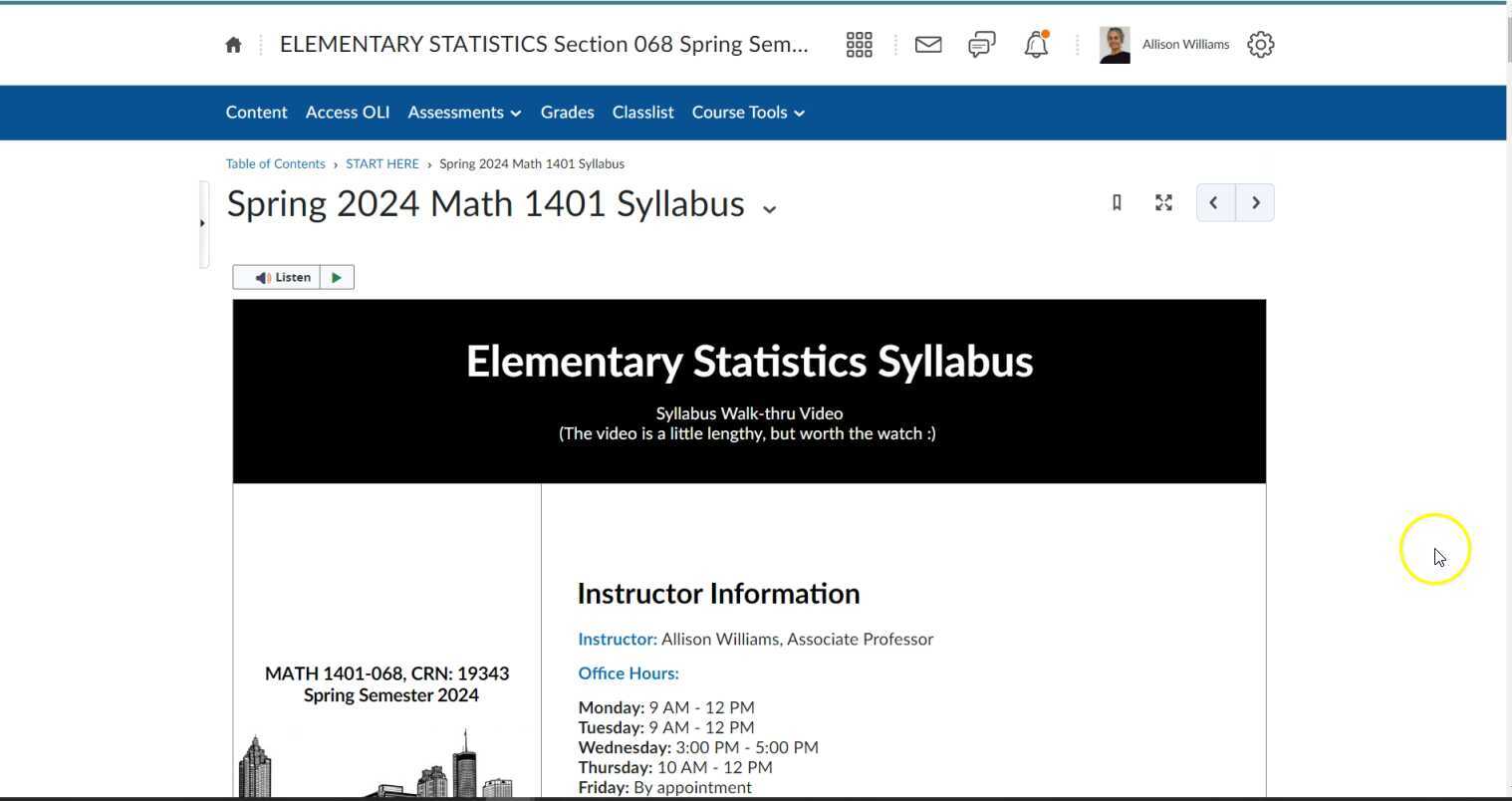 Math 1401 Syllabus Walk-thru Spring 204