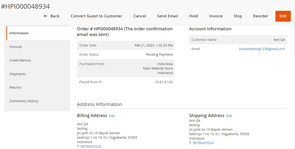 Snip - #HPI000048934 Orders Operations Sales Magento Admin - Google Chrome
