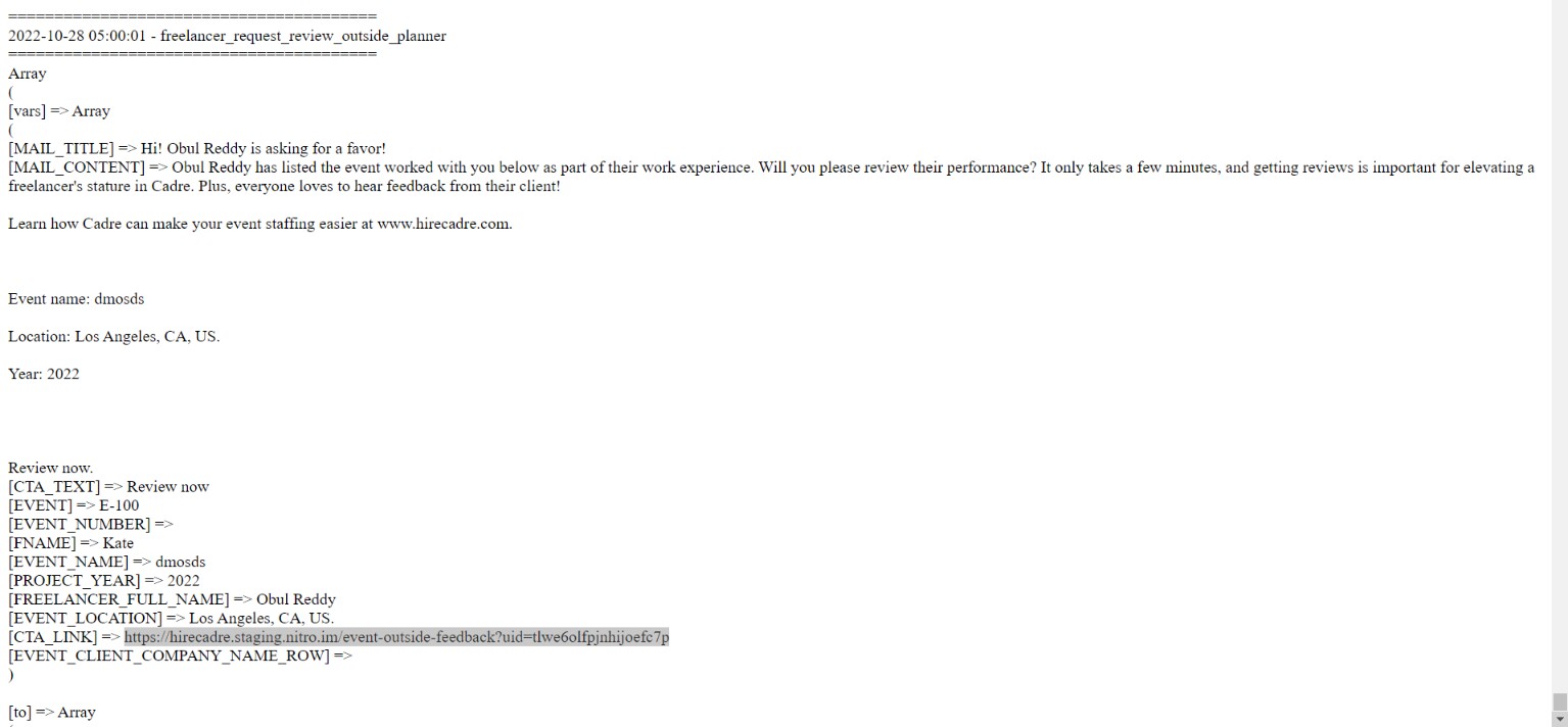Snip - https cadre.staging.nitro.im check check_email_log - Google ...