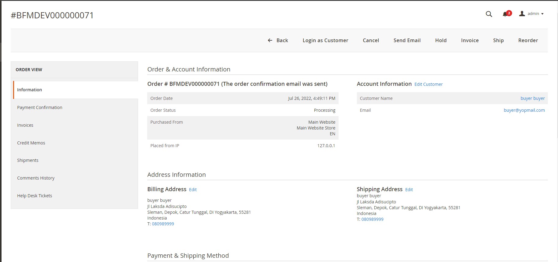 Snip - #BFMDEV000000071 Orders Operations Sales Magento Admin - Google Chrome