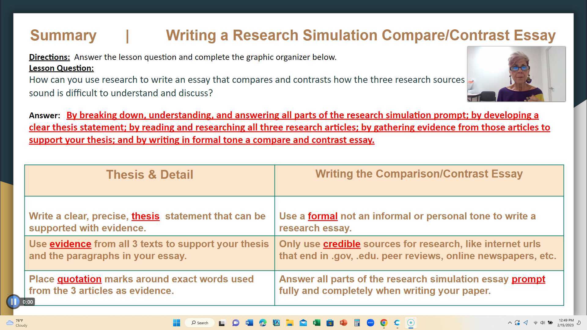 Summary "Writing a Research Simulation Compare/Contrast Essay" (Slide ...