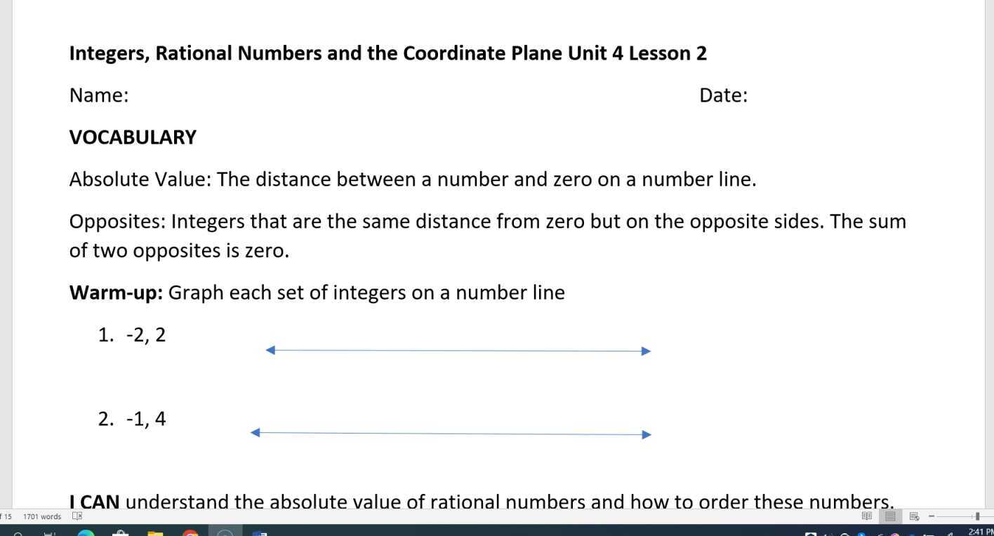6th Grade Integers, Rational Numbers and the Coordinate Plane Lesson 2