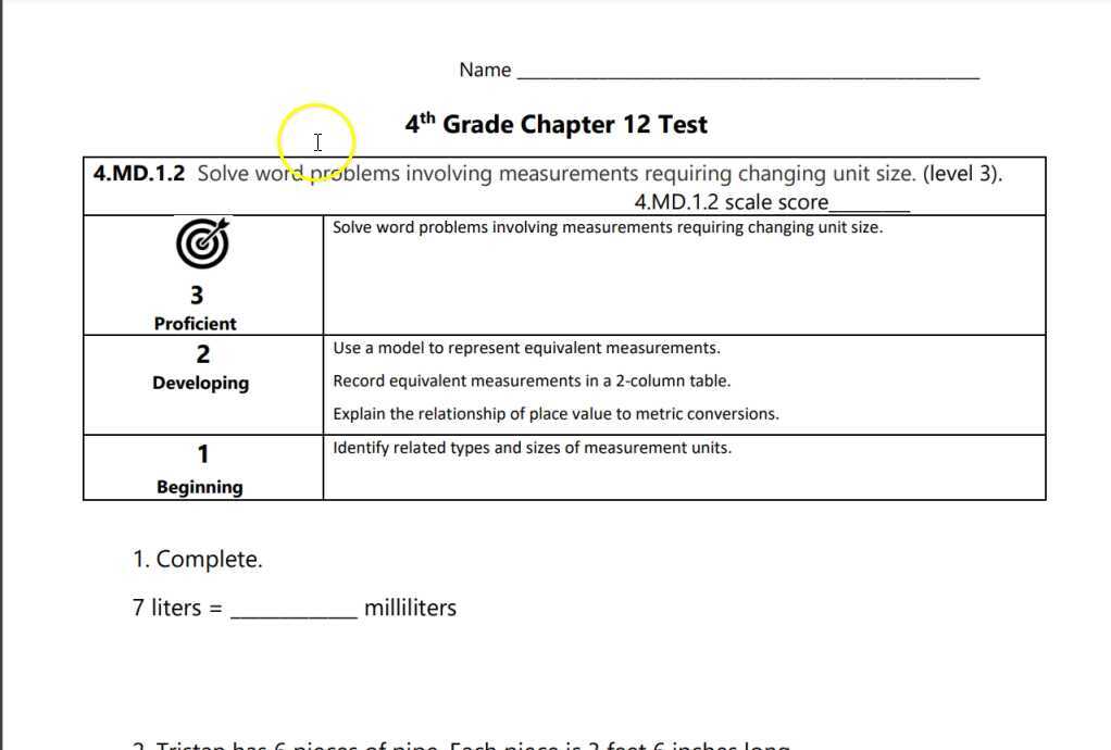 4th Grade Chapter 12 Math Test