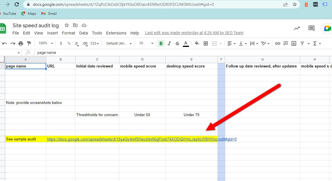 Snip - Site speed audit log - Google Sheets - Google Chrome